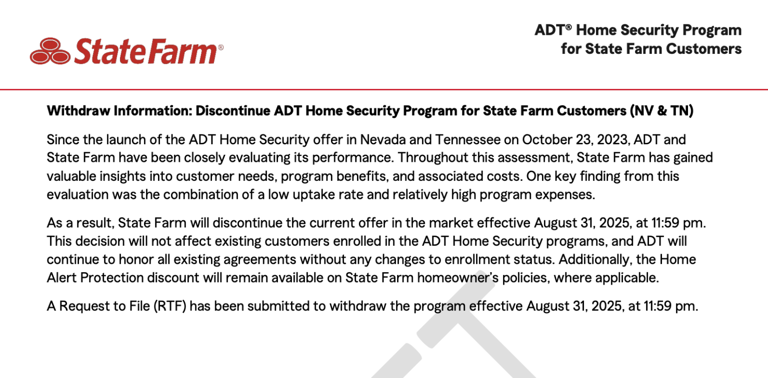 State Farm pulls back on ADT program